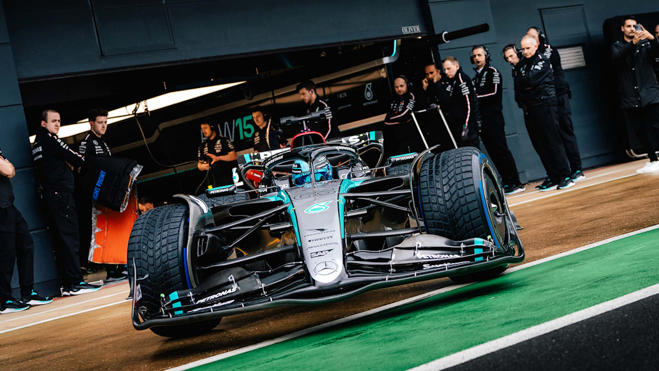 Mercedes' W15 hits the track for the first time at a wet Silverstone with Lewis Hamilton and ...